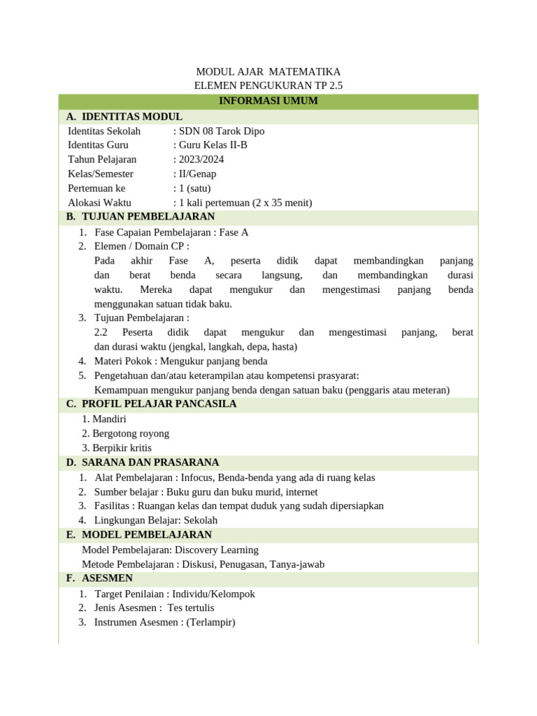 MODUL AJAR MATEMATIKA satuan waktu tidak baku | PDF