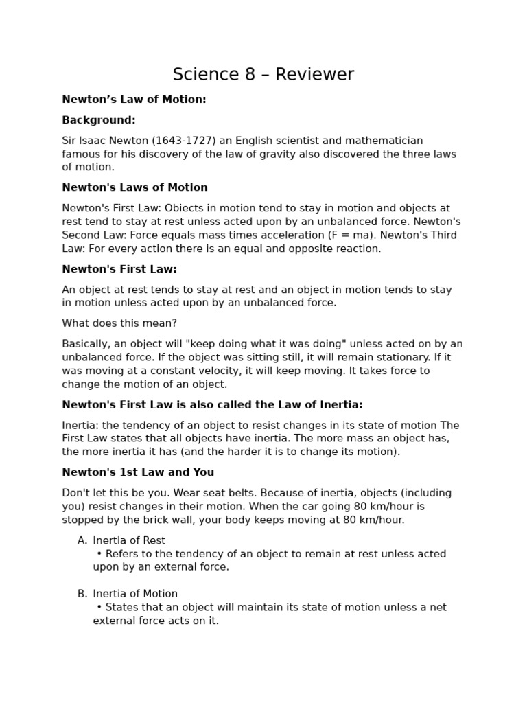 Science 8 - Reviewer | PDF | Force | Inertia