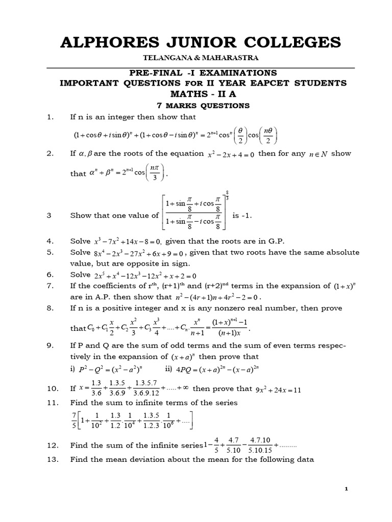 II Year Eapcet Imp Questions | PDF | Ellipse