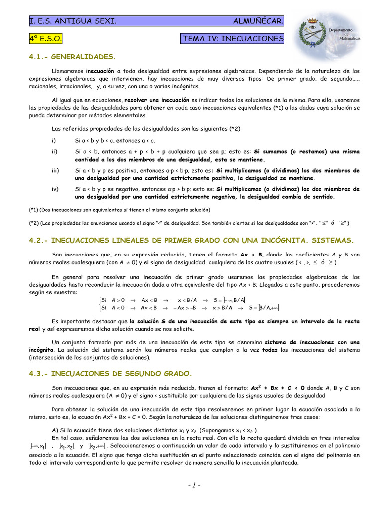 TEMA 4. INECUACIONES | PDF | Desigualdad (Matemáticas) | Aritmética
