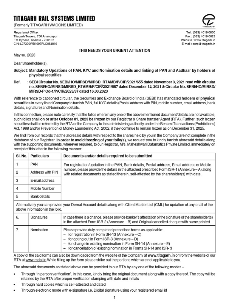 Urgent PAN, KYC, Nomination Update Notice | PDF | Securities (Finance ...