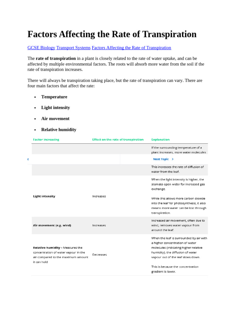 GCSE Biology: Transpiration Factors | PDF