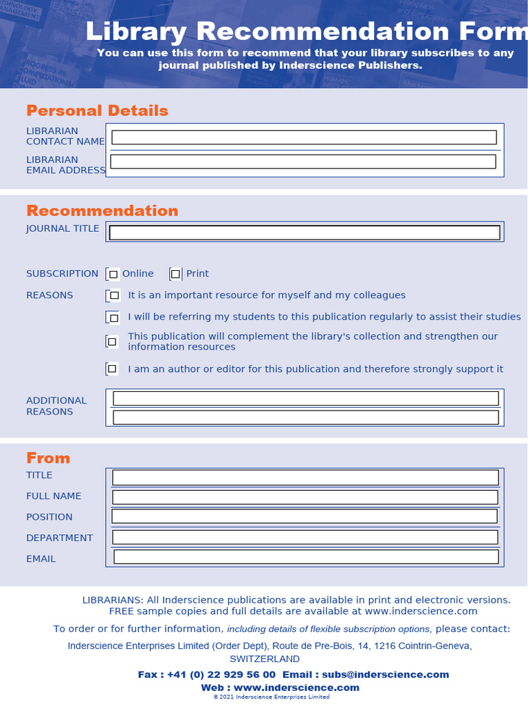 Inderscience Librarian Recommendation Form | PDF