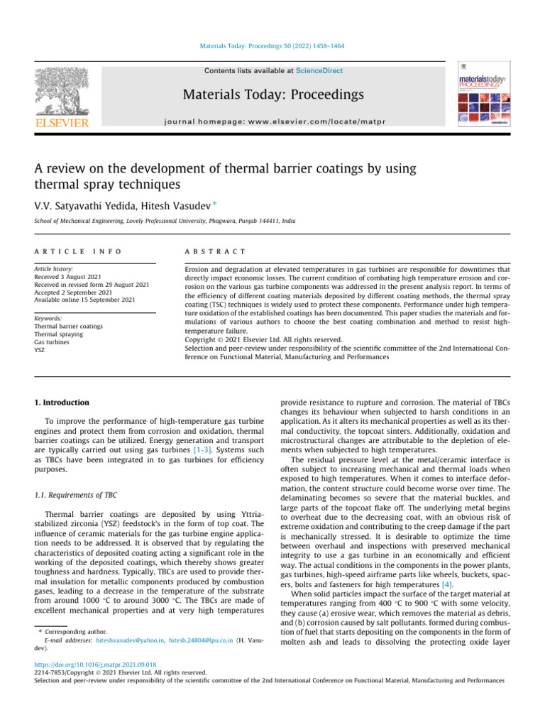 A review on the development of thermal barrier coatings by using thermal spray techniques - 2022 ...