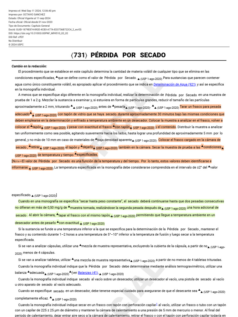 Pérdida por Secado según USP | PDF