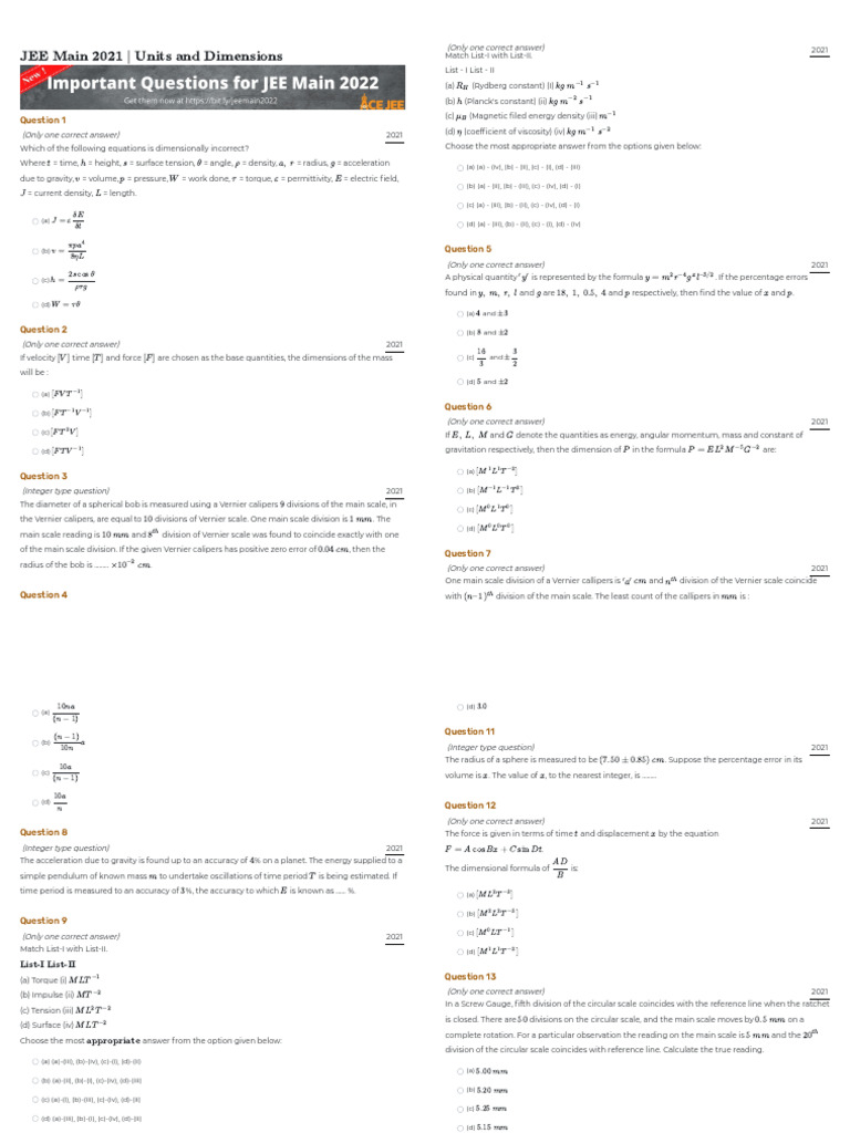 1-Units and Dimensions JEE Main 2021 | PDF | Mechanics | Physical ...