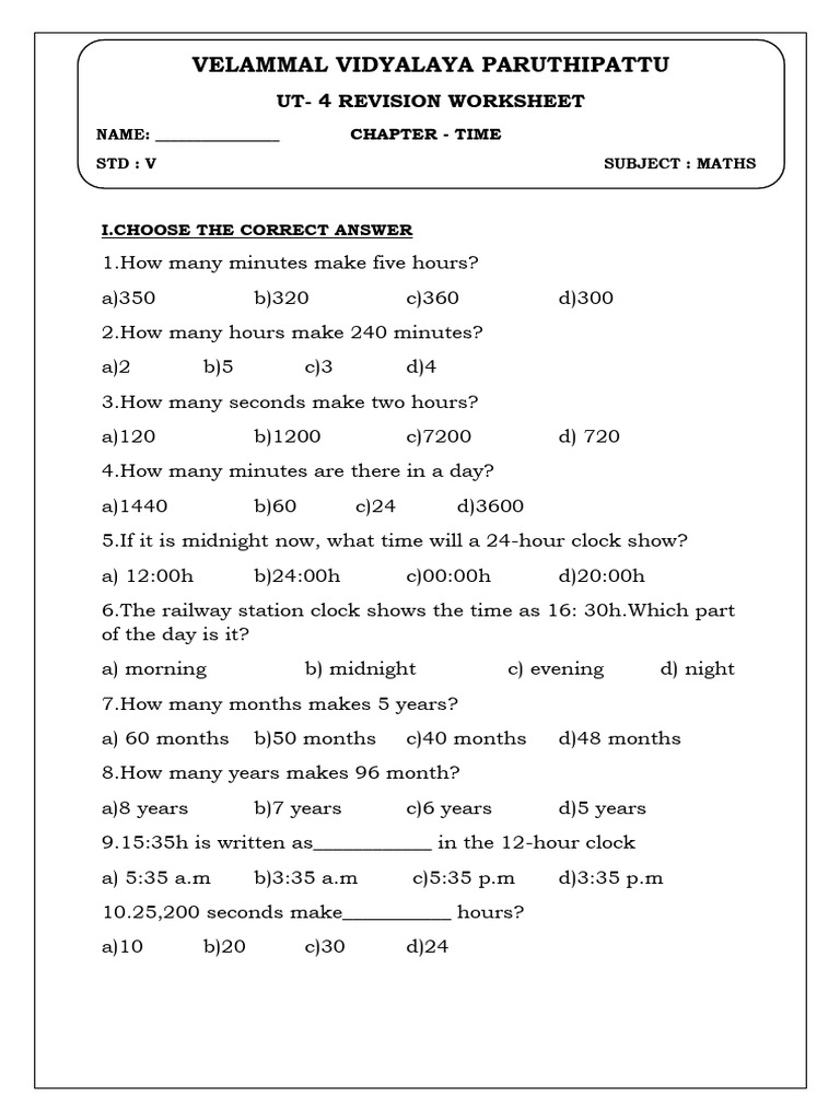 STD 5 Ut 4 Time Revision Worksheet | PDF | Units Of Measurement | Notation