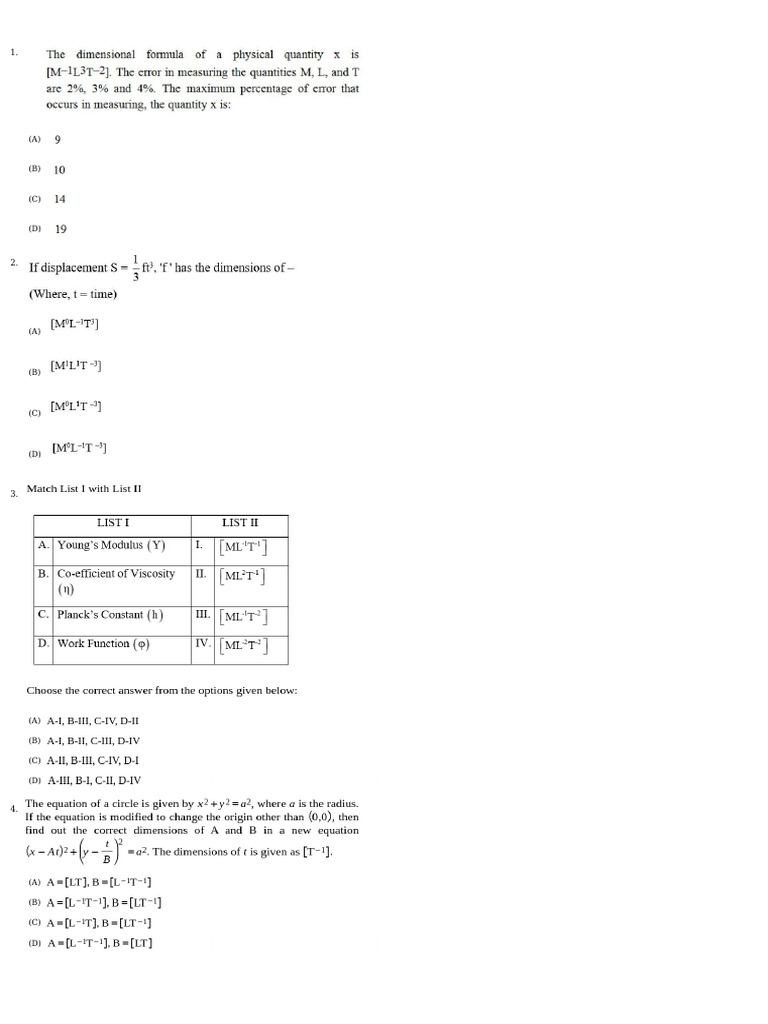 Units and Dimensions-Practice Questions-50 | PDF