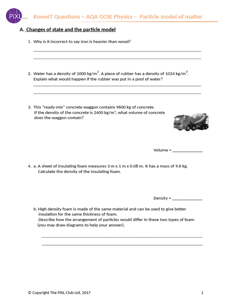 AQA Physics - Particle Model of Matter - KnowIT Questions - GCSE | PDF | Gases | Heat