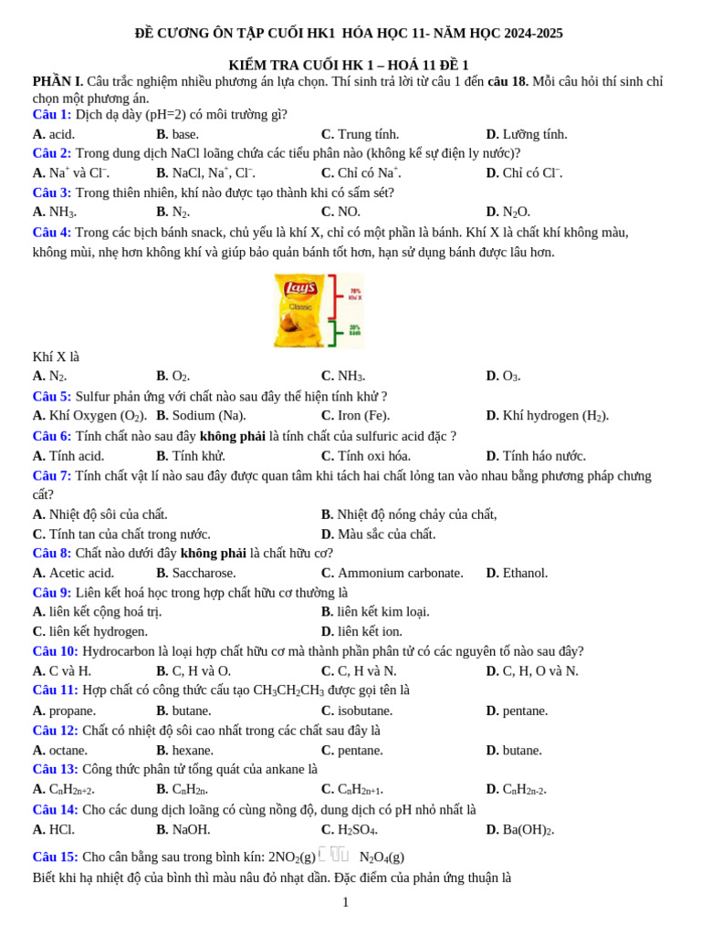 De Cuong KIEM TRA CUOI HK 1 HOA 11 Gui HS b86f1 | PDF
