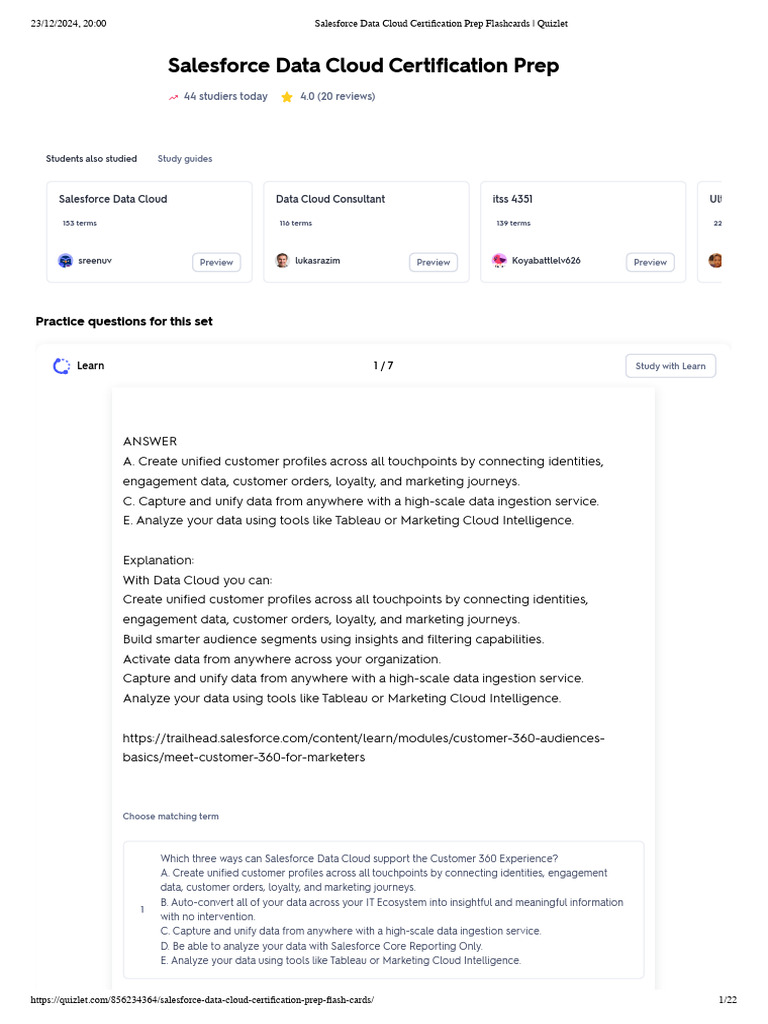 Salesforce Data Cloud Certification Prep Flashcards - Quizlet | PDF | Cloud Computing | Marketing