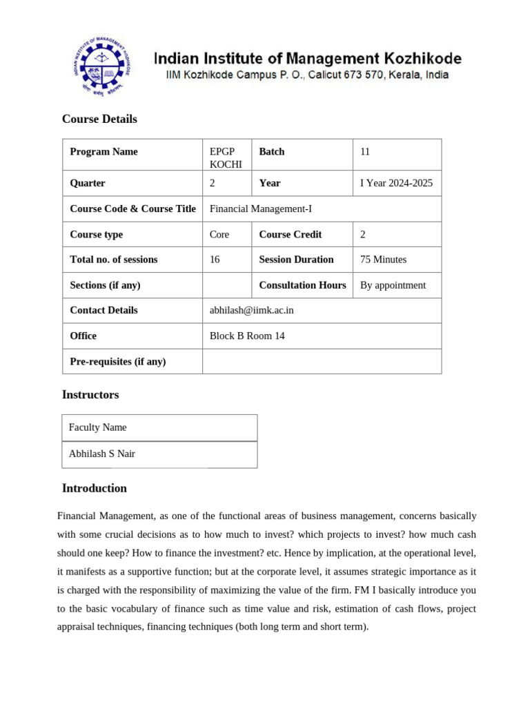 FM-I Course Outline - AACSB - EPGP Kochi | PDF | Capital Budgeting | Valuation (Finance)