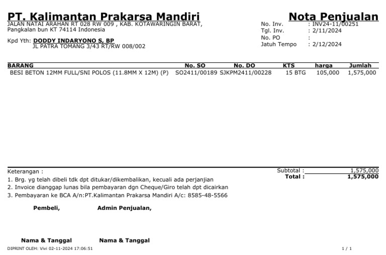 Nota Penjualan Besi Beton 12MM SNI | PDF