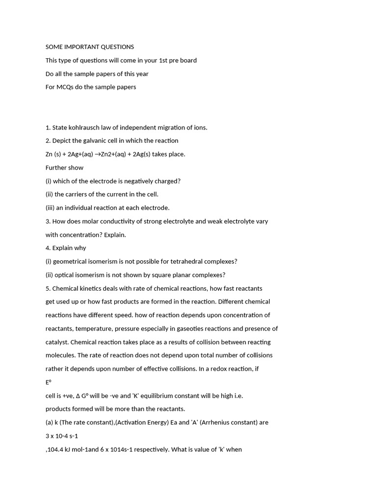 Key Chemistry Questions for Pre-Boards | PDF