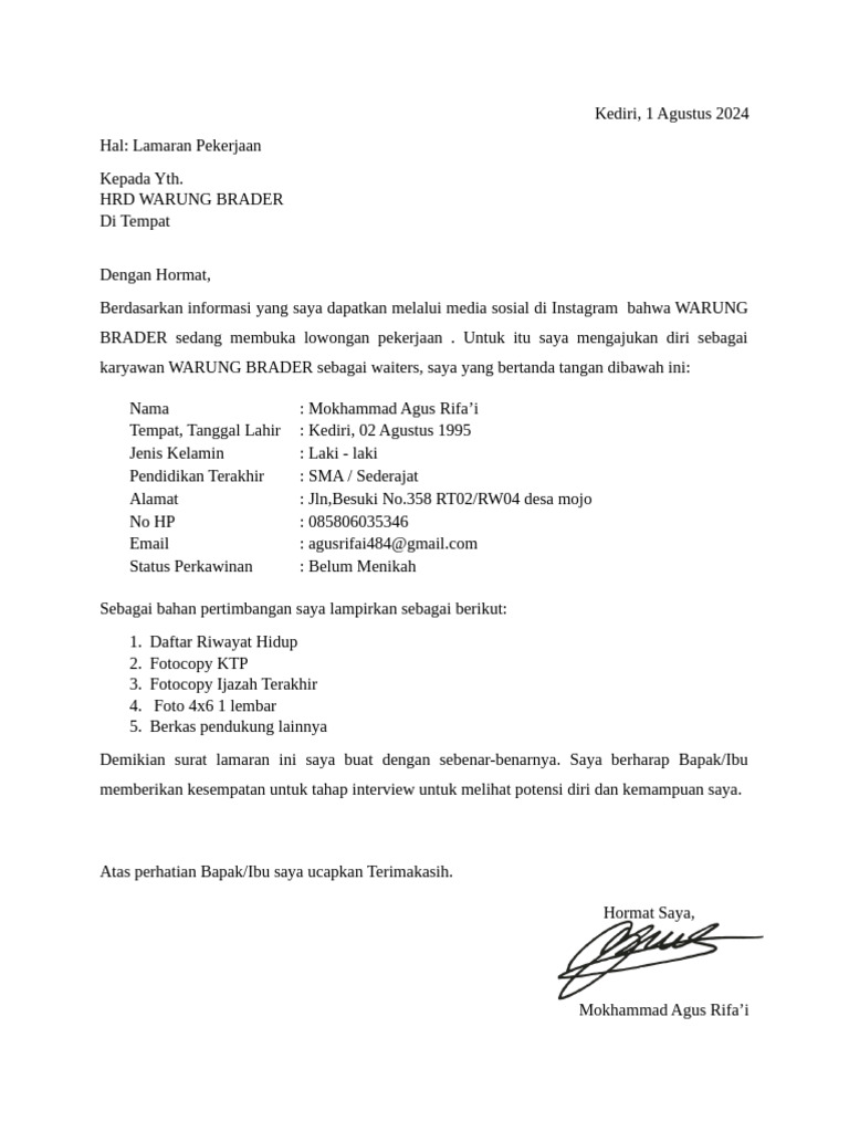 Surat Lamaran Agus | PDF