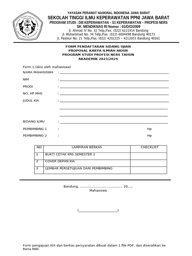 Form Pengajuan UP KIA Ners 2023-2024 - Reguler | PDF
