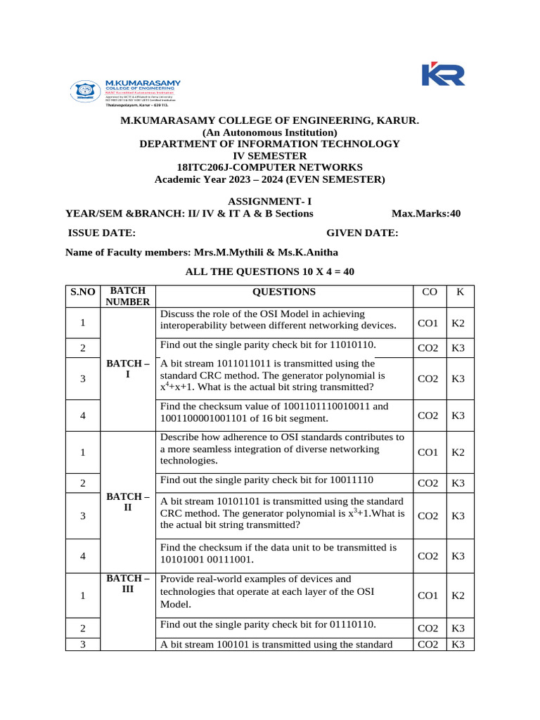 CN Assignment I (Unit 1 & 2) | PDF | Osi Model | Computer Networking