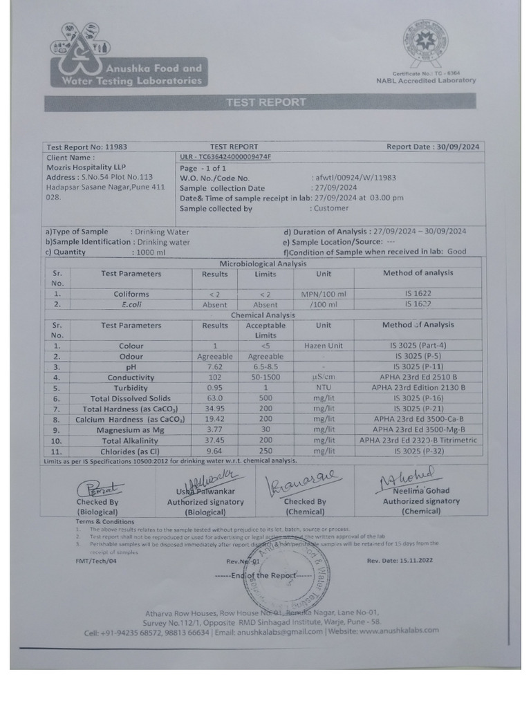 Drinking Water Test Report | PDF