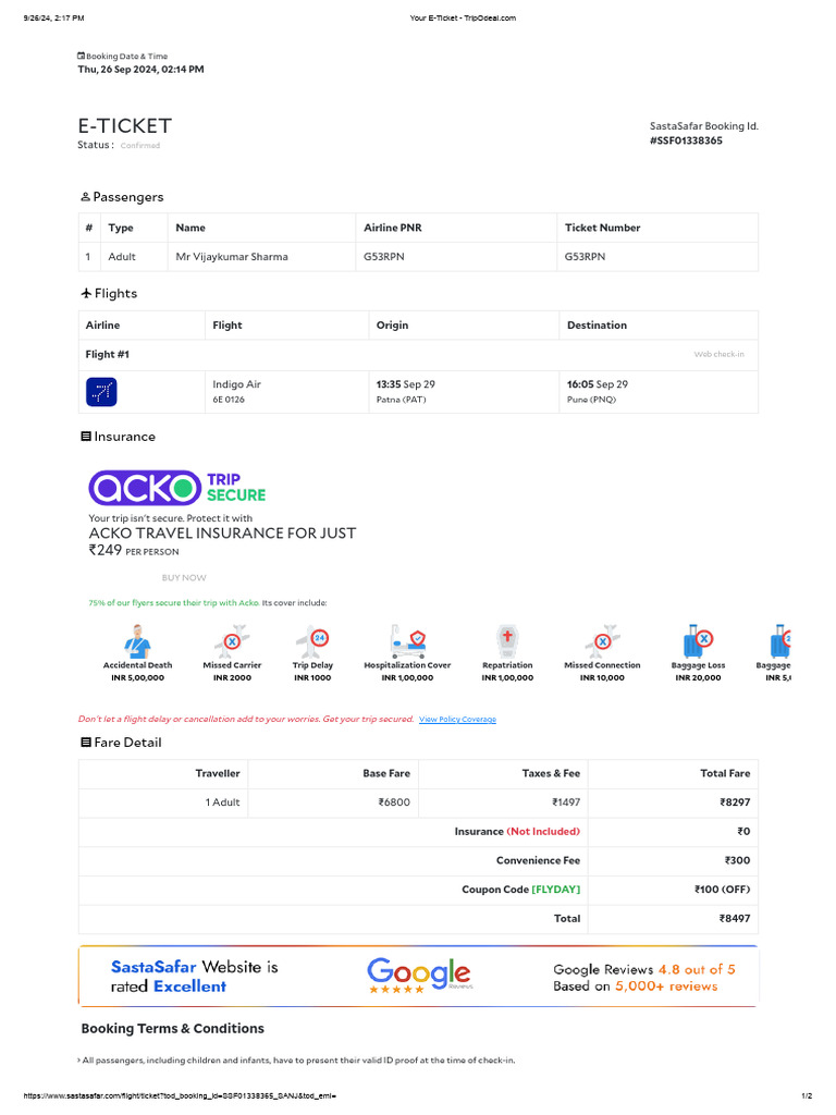 Confirmed E-Ticket for Indigo Flight | PDF | Airlines | Civil Aviation