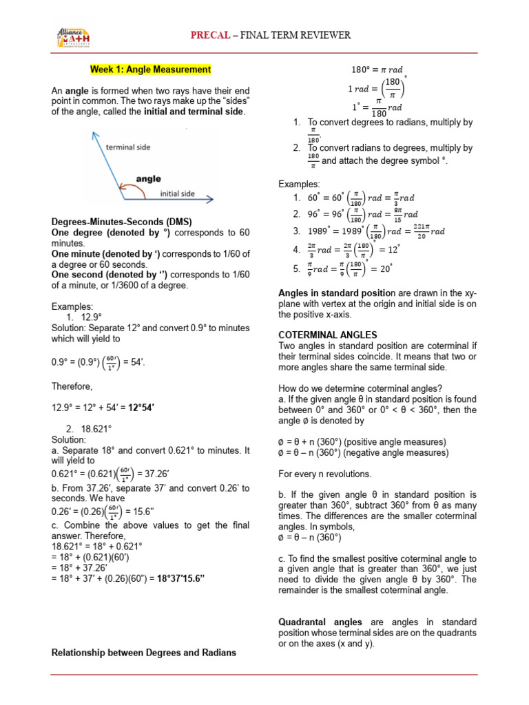 Pre-Calculus-FinalTerm 241202 233233 | PDF | Angle | Rotation