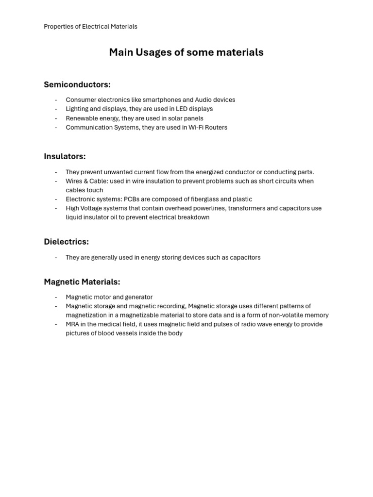 Main Usages of Some Materials | PDF