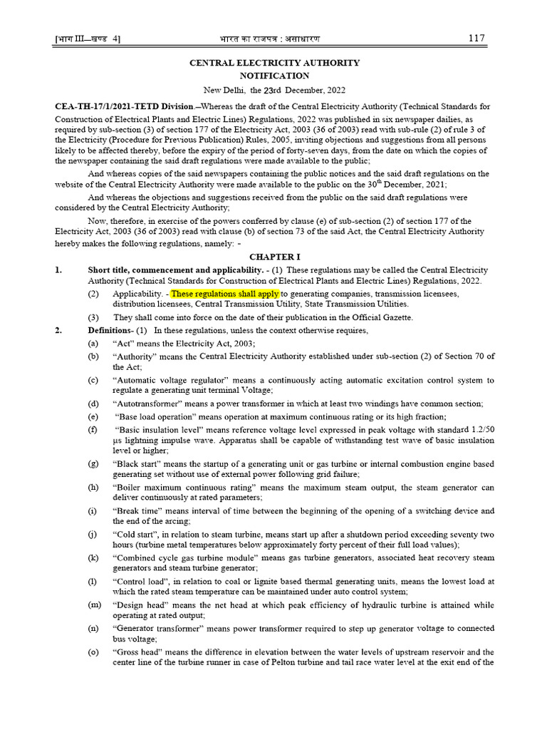 CEA Construction Standards Regulations 2022 | PDF | Boiler | Power Station