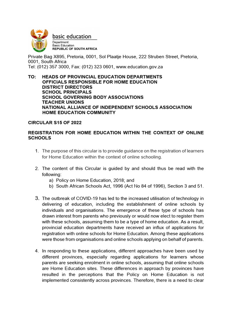 Circular on the Registration of Learners for Home Education within the ...