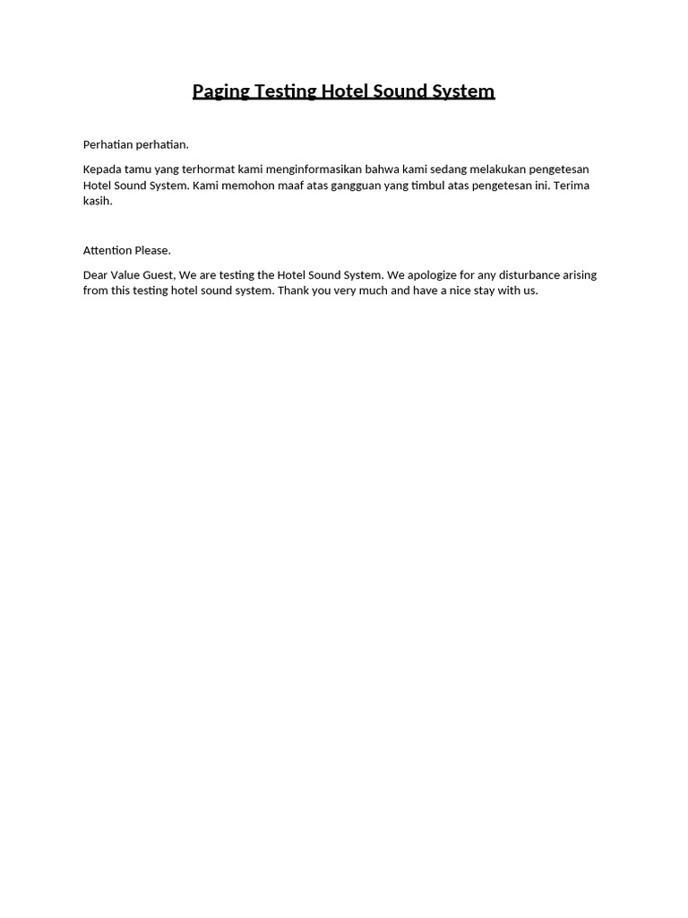 Hotel Sound System Testing Notice | PDF