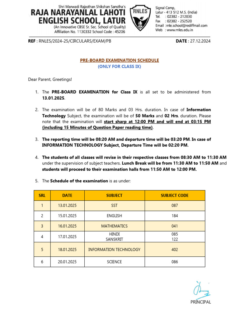 Class IX Pre-Board Exam Schedule 2025 | PDF