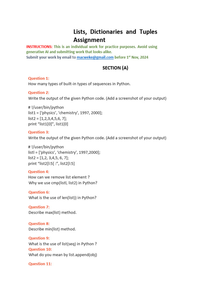 Lists Dictionaries And Tuples Assignment Pdf Python Programming