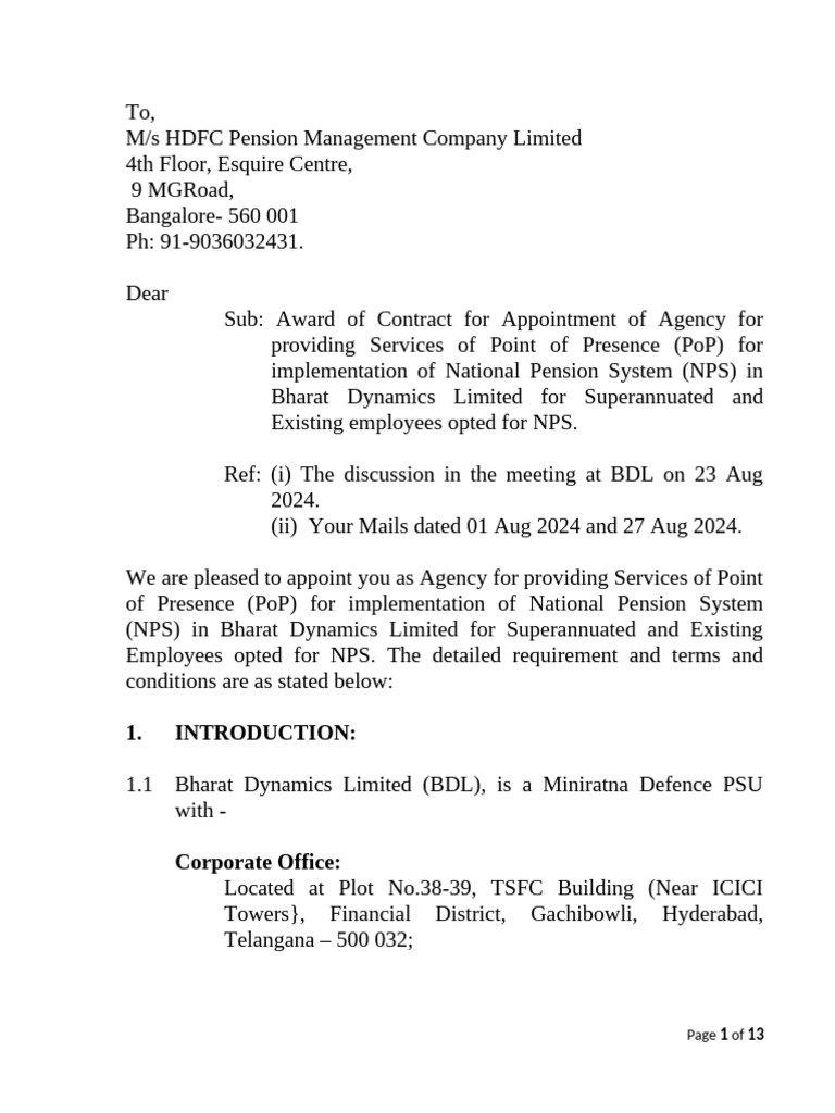 NPS-draft BDL Contract with HDFC Pension | PDF | Private Law ...