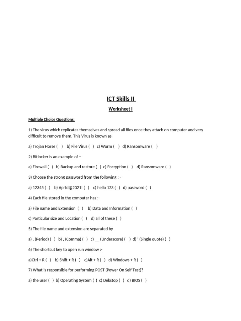 ICT Skills II - Holiday Homework Worksheet | PDF | Computer Virus ...