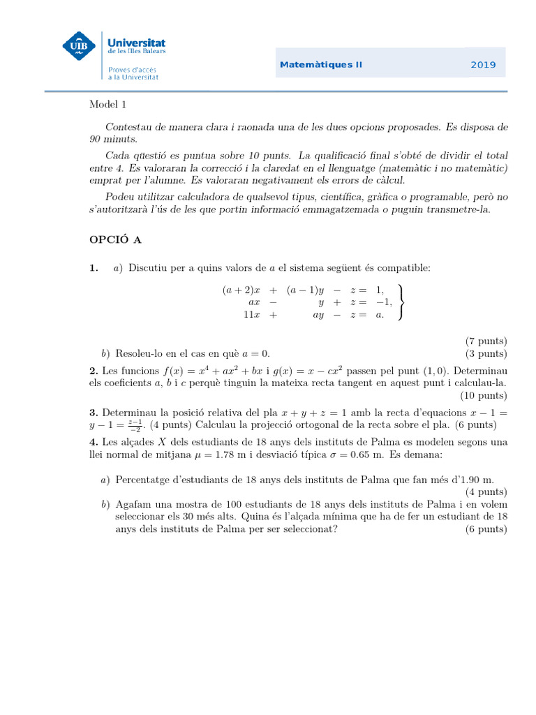 Enunciat MATEMATIQUESII JUNY 2019 | PDF