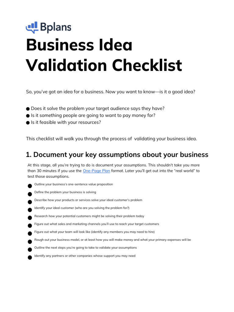 Bplans - Business Idea Validation Checklist | PDF | Business