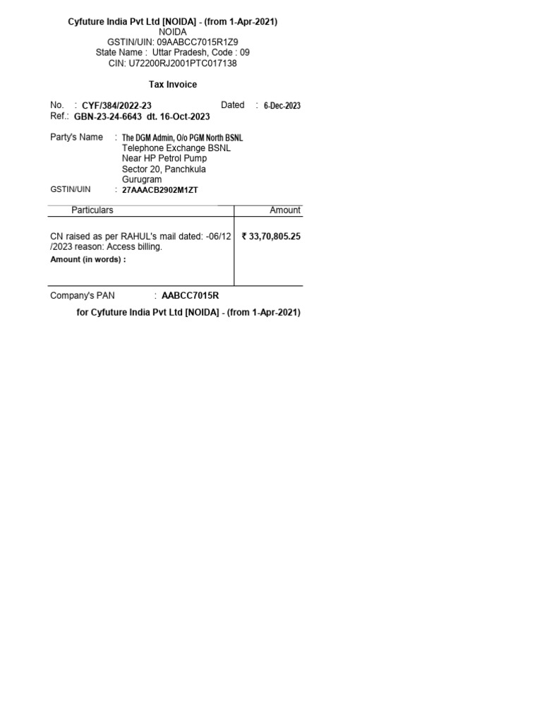 Cyfuture India PVT LTD (NOIDA) - (From 1-Apr-2021) : Gstin/Uin | PDF