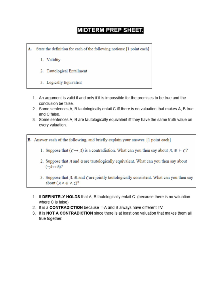Logic MIDTERM Prep Sheet | PDF | Logical Consequence | If And Only If
