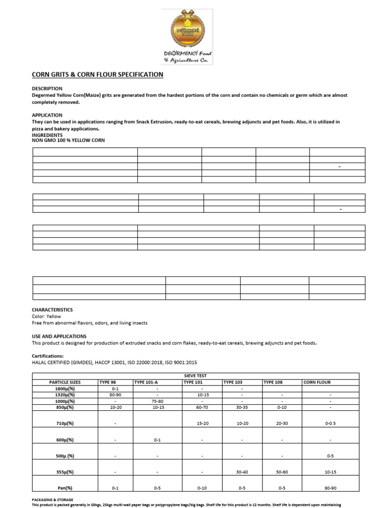 Corn Grits & Corn Flour Specification: Chemical & Physical For Corn ...