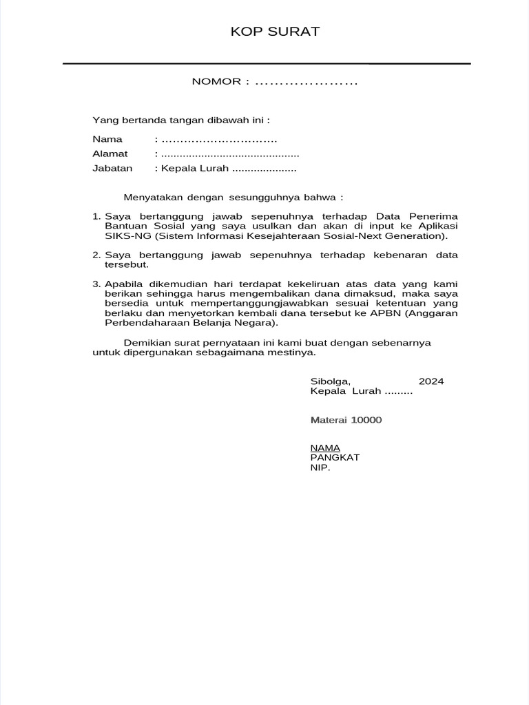 Contoh SPTJM Lurah Untuk Data Bansos-Edit | PDF