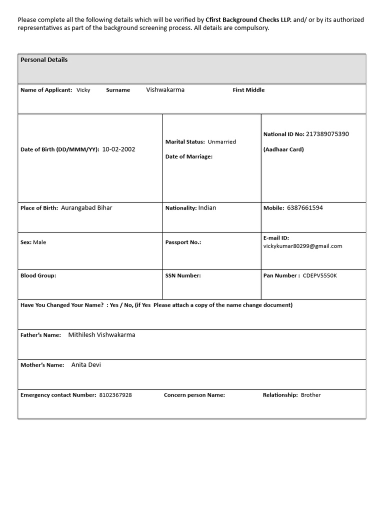Cfirst - BGV Form - Experienced | PDF | Background Check
