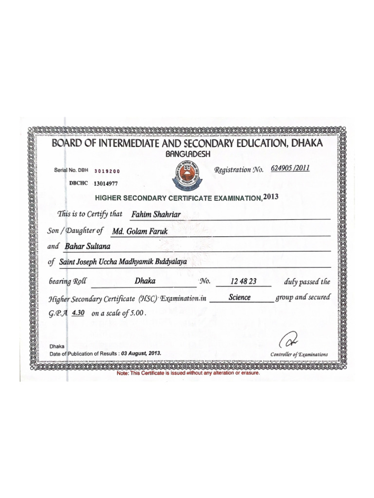 HSC Certificate Academic Transcript | PDF