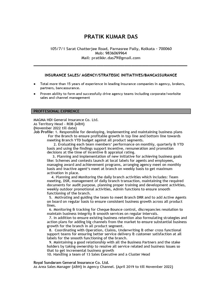 Pratik Kumar Das Biodata | PDF | Incentive | Insurance