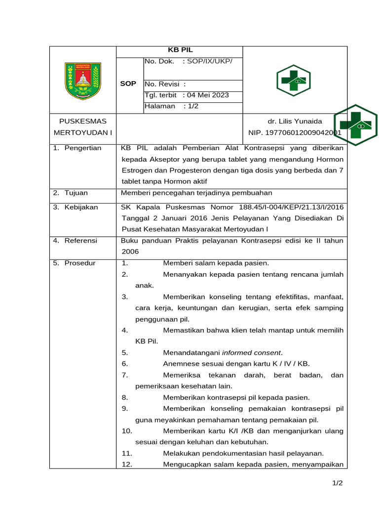Prosedur Pemberian KB Pil di Puskesmas | PDF