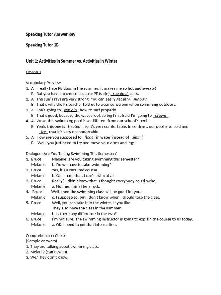 Speaking Tutor 2B Answer Key 021731 | PDF | Pool (Cue Sports) | Toys