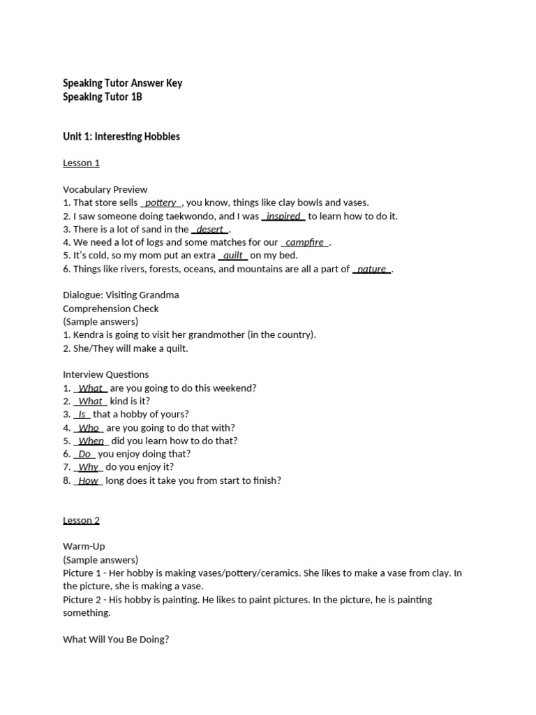 Speaking Tutor 1B Answer Key | PDF