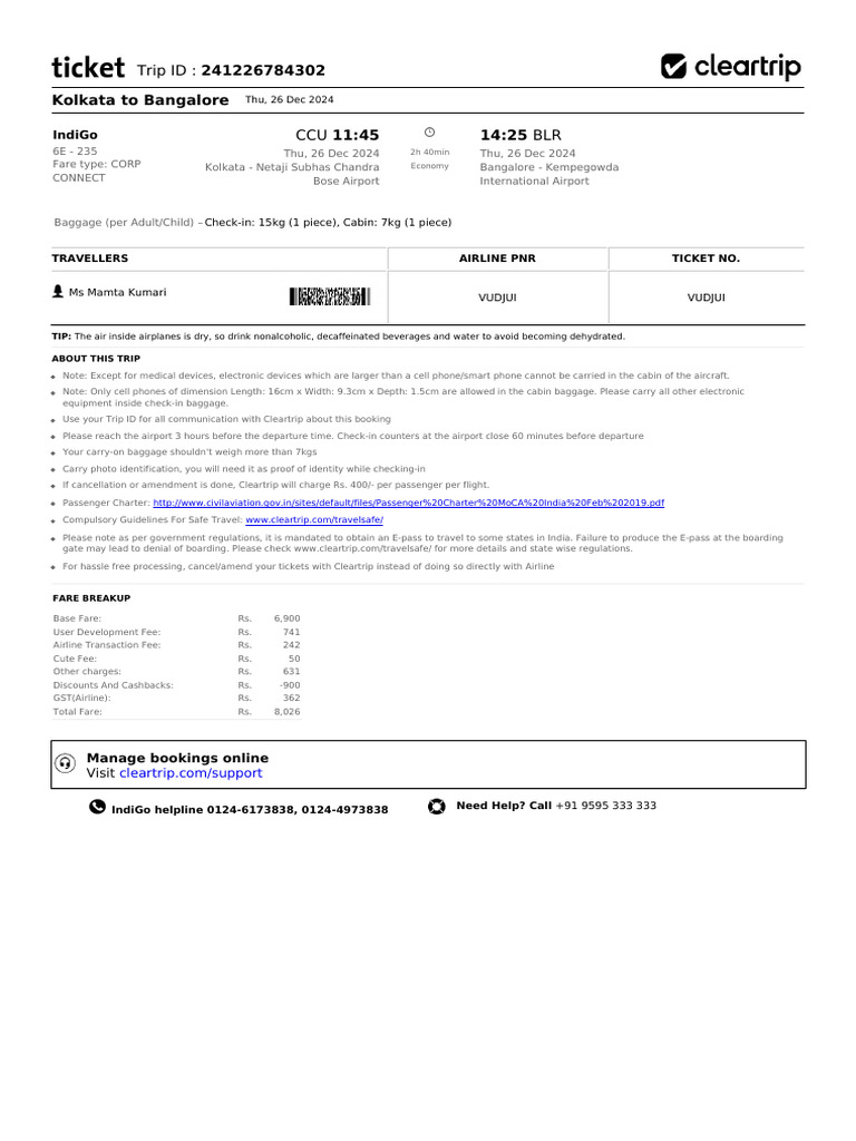 Cleartrip Flight Domestic E-Ticket | PDF | Airport | Transport