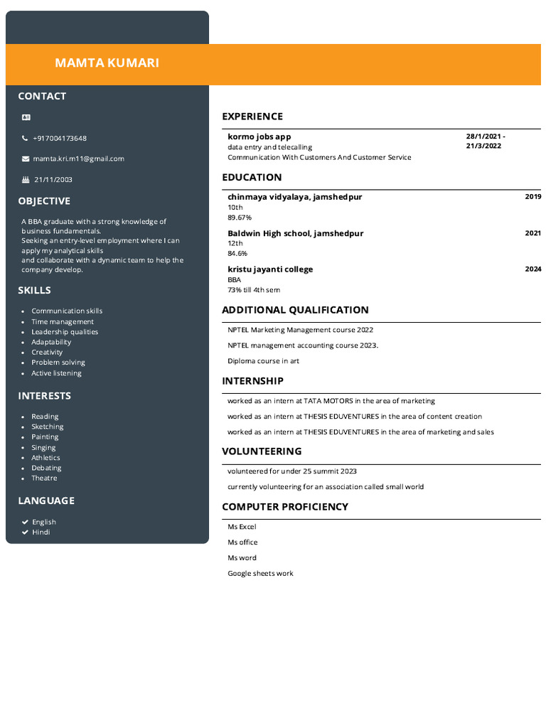 BBA Graduate Resume: Skills & Experience | PDF