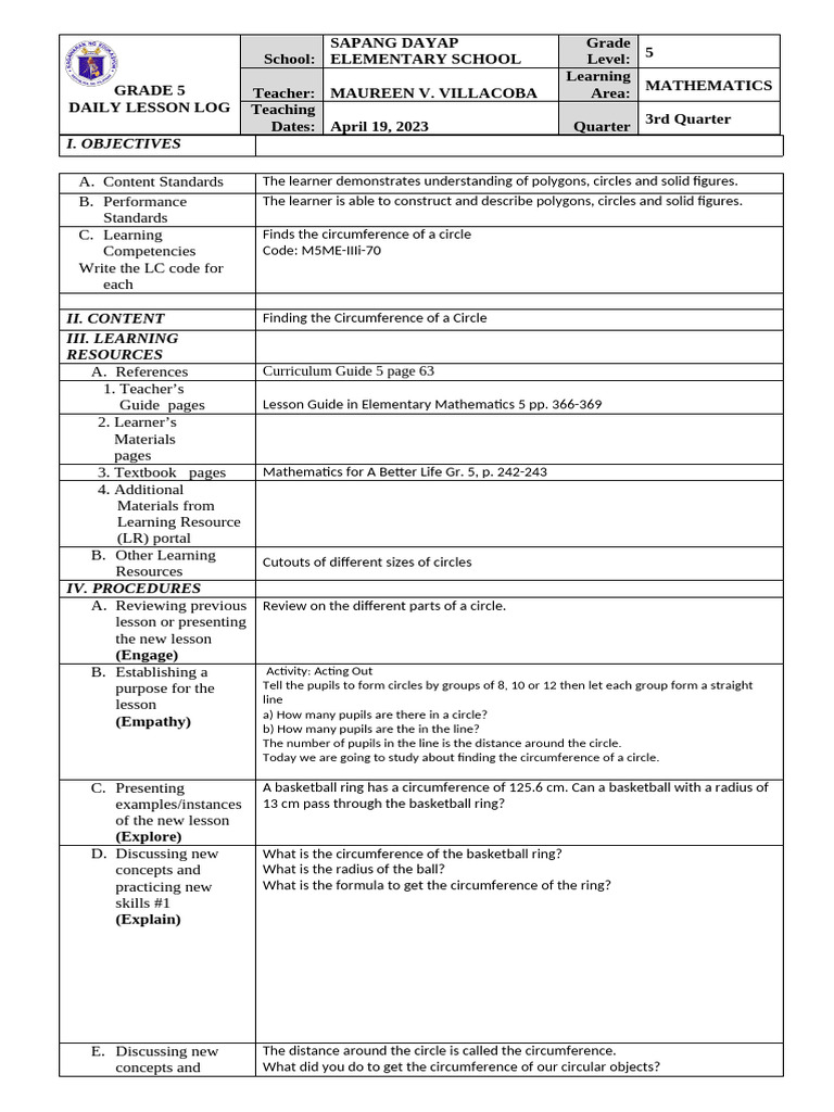 COT 3RD Quarter Mathematics | PDF | Circle | Teachers