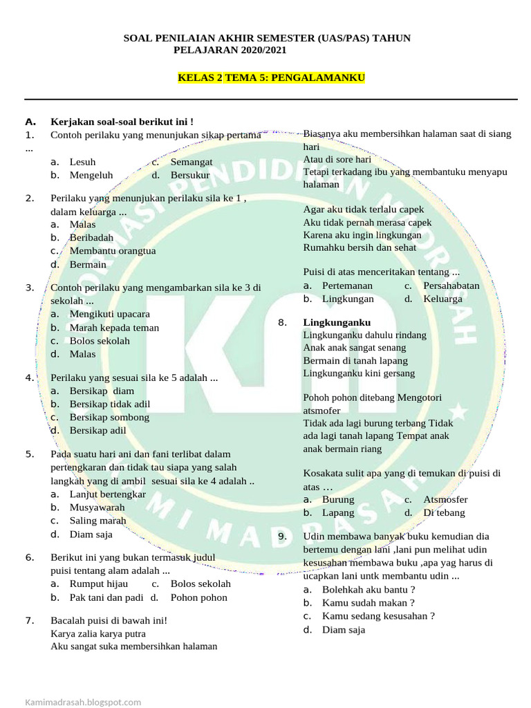Soal PAS Kelas 2 Tema 5 - Kamimadrasah | PDF