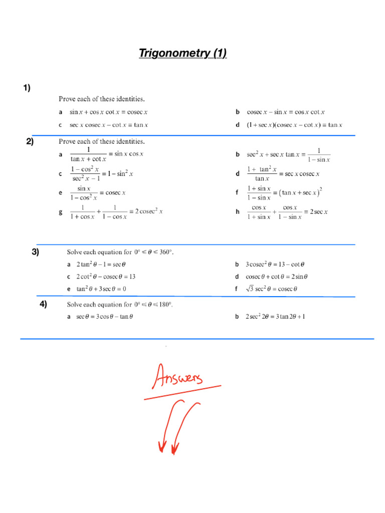Work Sheet Trigonometry (1), .. | PDF | Trigonometry | Triangle Geometry