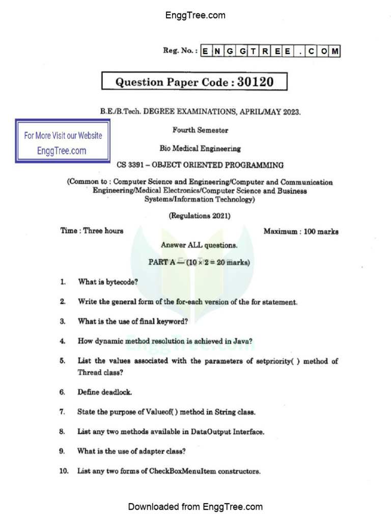 CS3391 Object Oriented Programming Apr May 2023 Question Paper Download | PDF